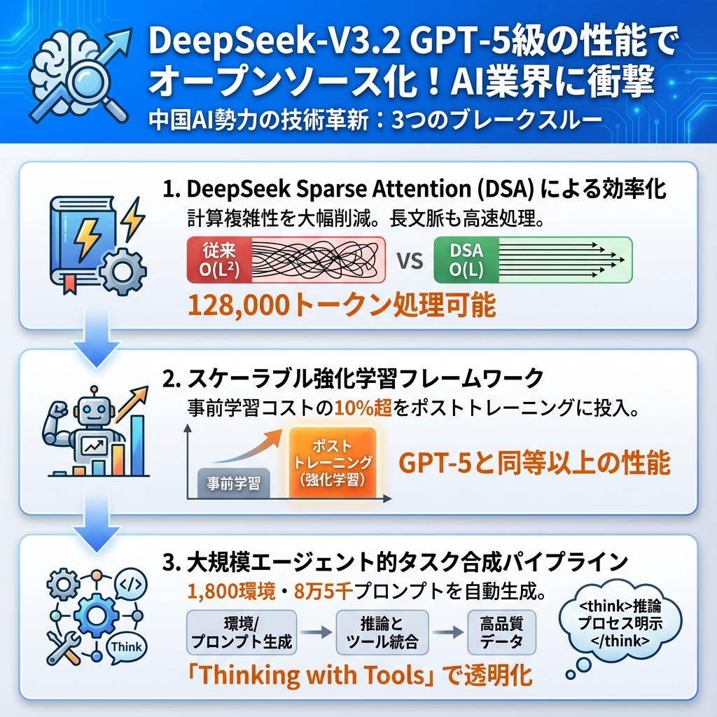 DeepSeek-V3.2がGPT-5級の性能でオープンソース化！中国AI勢力の技術革新と市場への影響 - 生成AIビジネス活用研究所 生成 ...